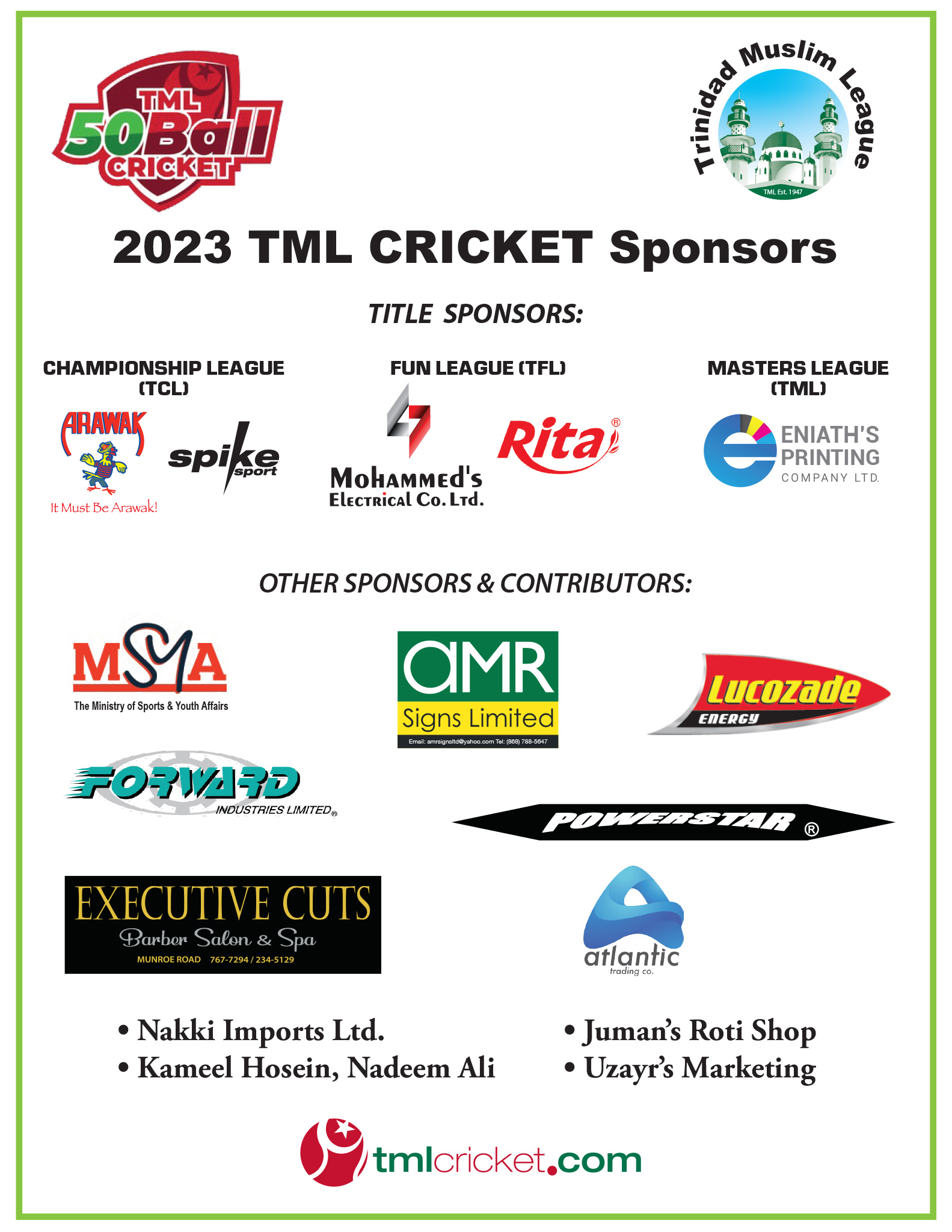 TML Cricket 2020 Competition PRIZES/Sponsors – www.tmlcricket.com